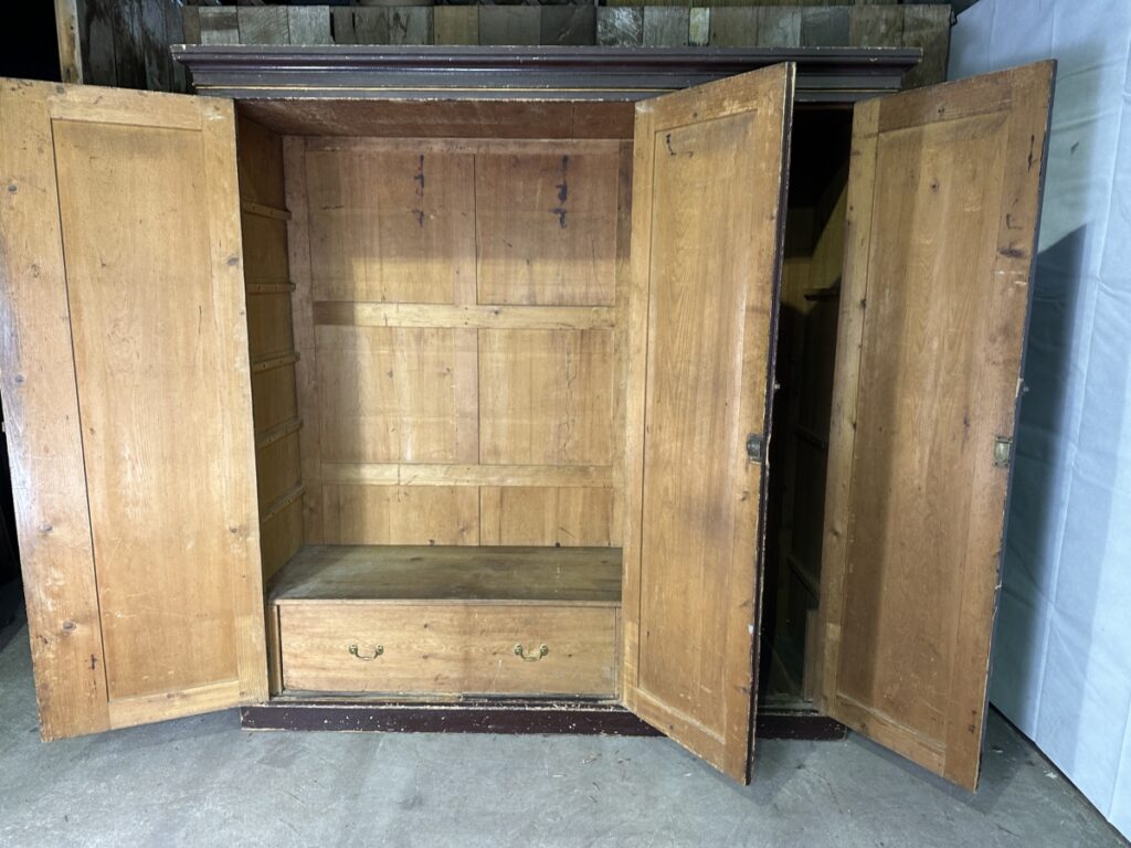 Antique Regency Pine Triple Housekeeper's Wardrobe Armoire, c 1820