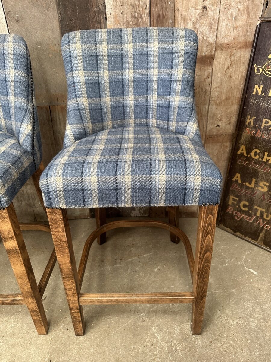 Vintage Set of Three Blue Tartan Upholstered Bar Stools - Belvoir ...
