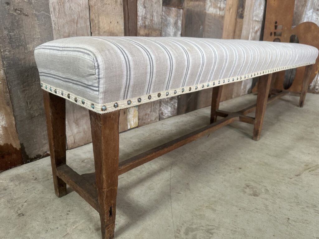 Antique Oak Upholstered Linen Seated Long Hall Seating Bench, c 1890 ...