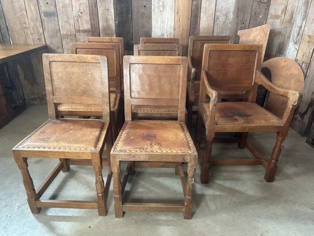 Vintage Set of Eight Oak and Leather Mouseman Dining Chairs, c 1955 ...
