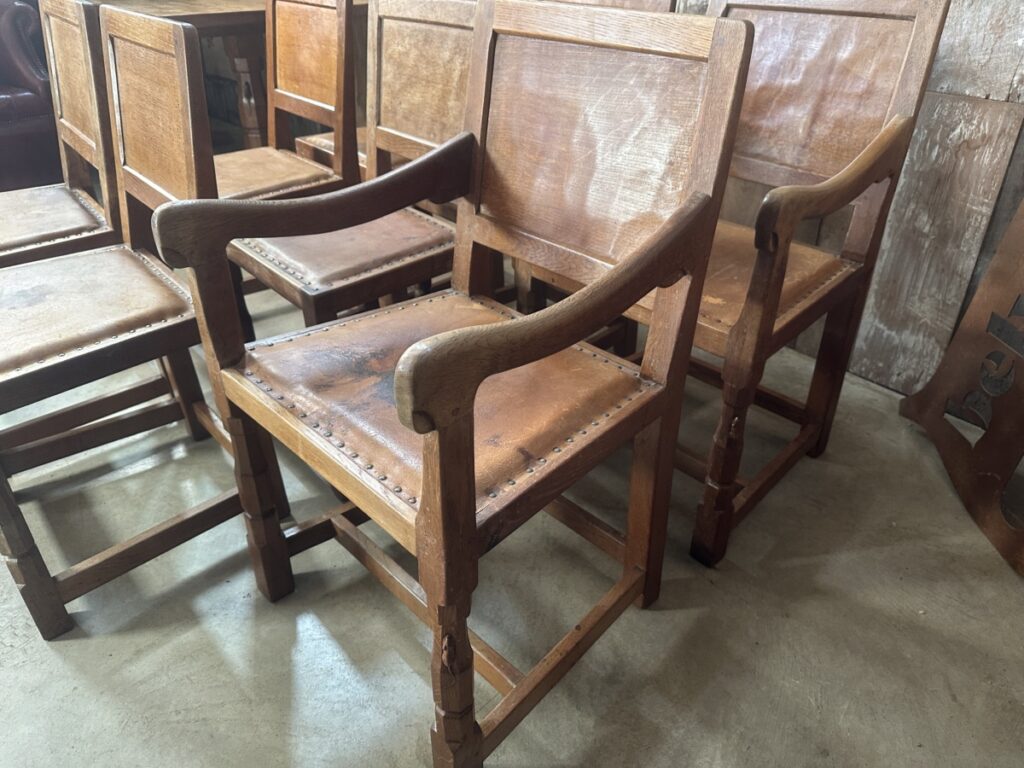Vintage Set of Eight Oak and Leather Mouseman Dining Chairs, c 1955 ...