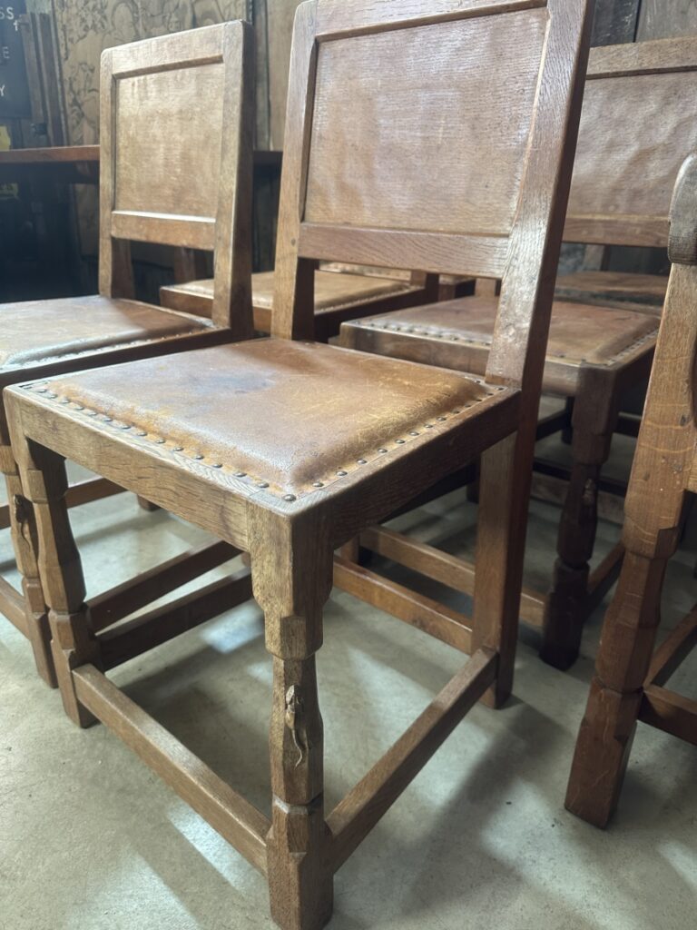 Vintage Set of Eight Oak and Leather Mouseman Dining Chairs, c 1955 ...